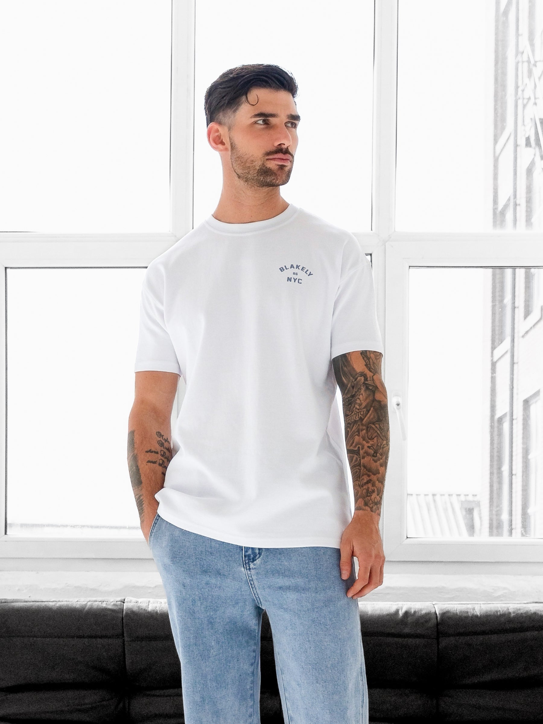 Buy Blakely Mens White & Cloudy Blue NYC Relaxed T-Shirt | Free ...