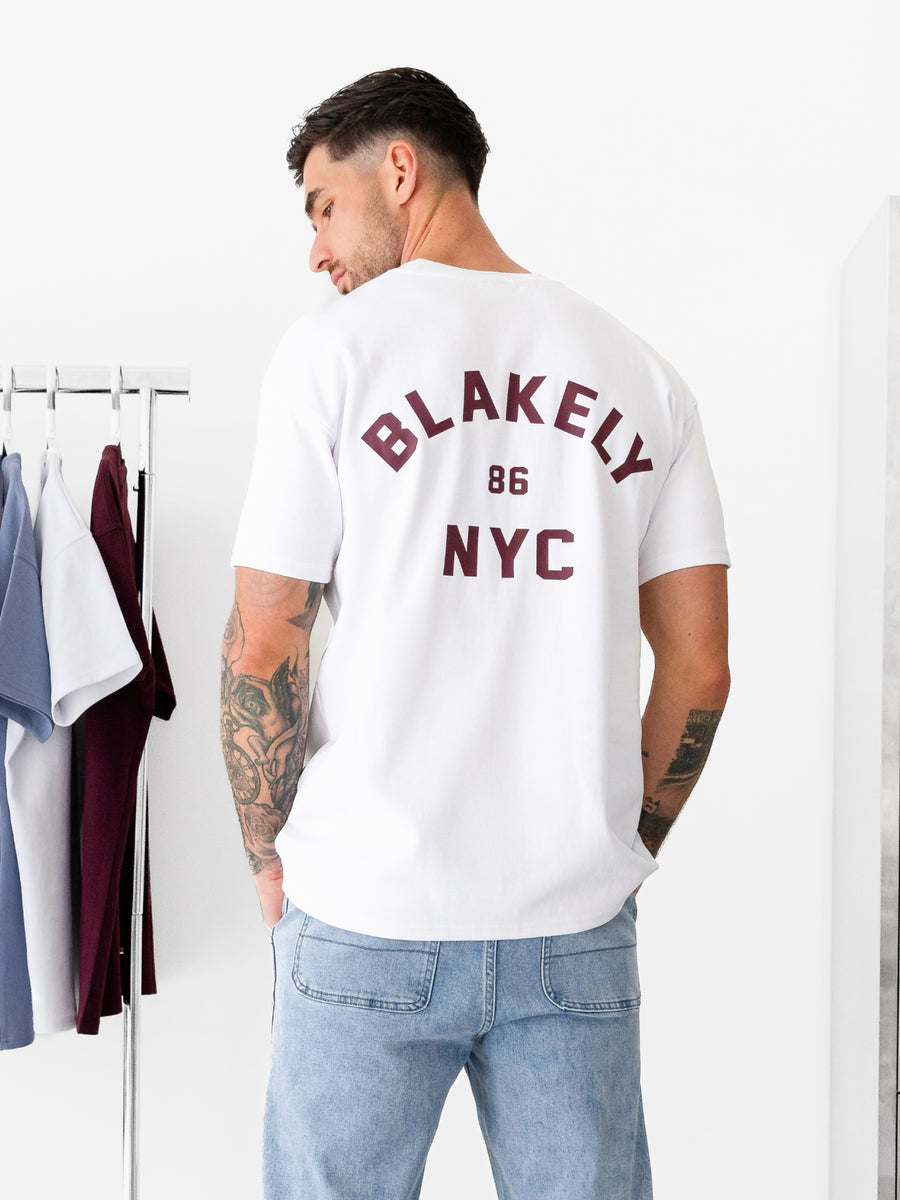 Buy Blakely Mens White & Dark Burgundy NYC Relaxed T-Shirt | Free ...