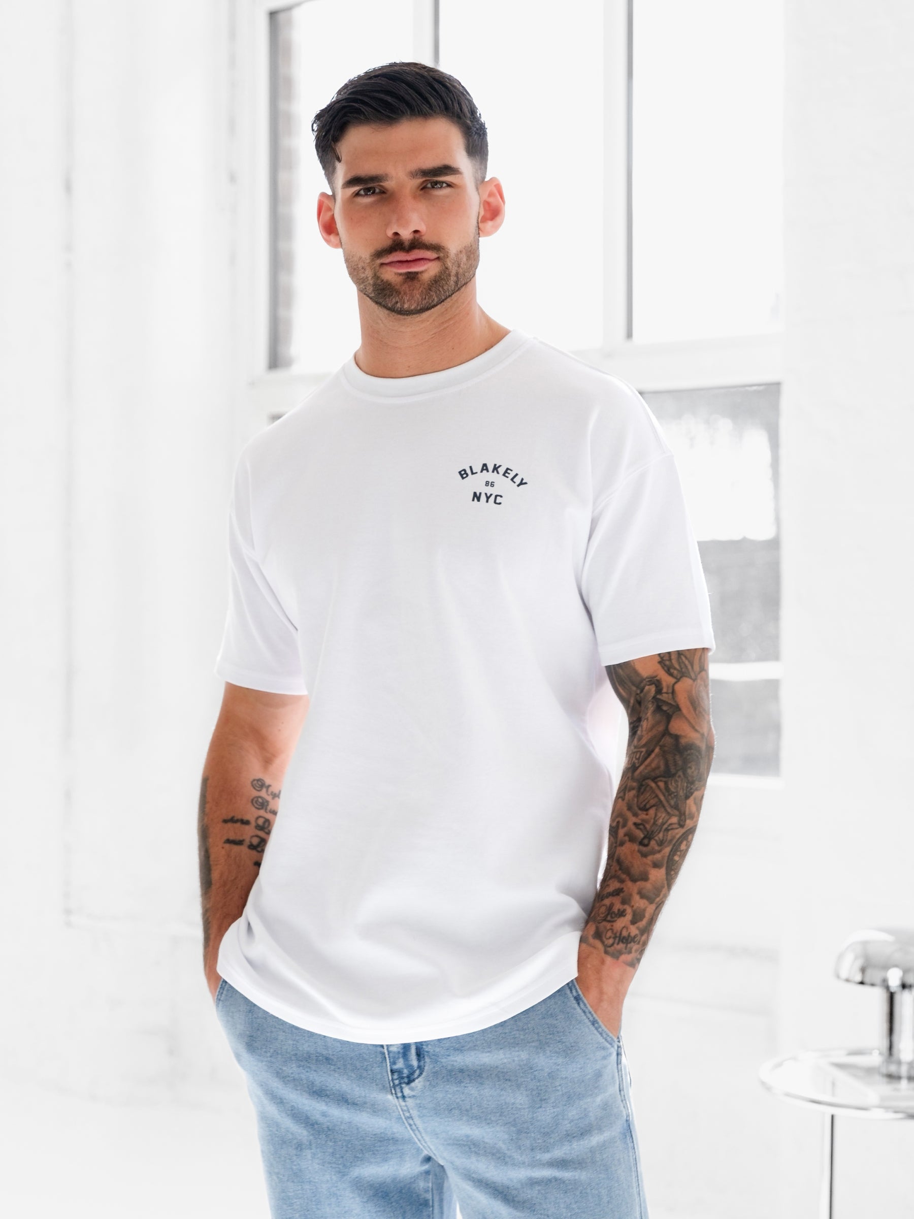 Buy Blakely Mens White & True Navy NYC Relaxed T-Shirt | Free delivery ...